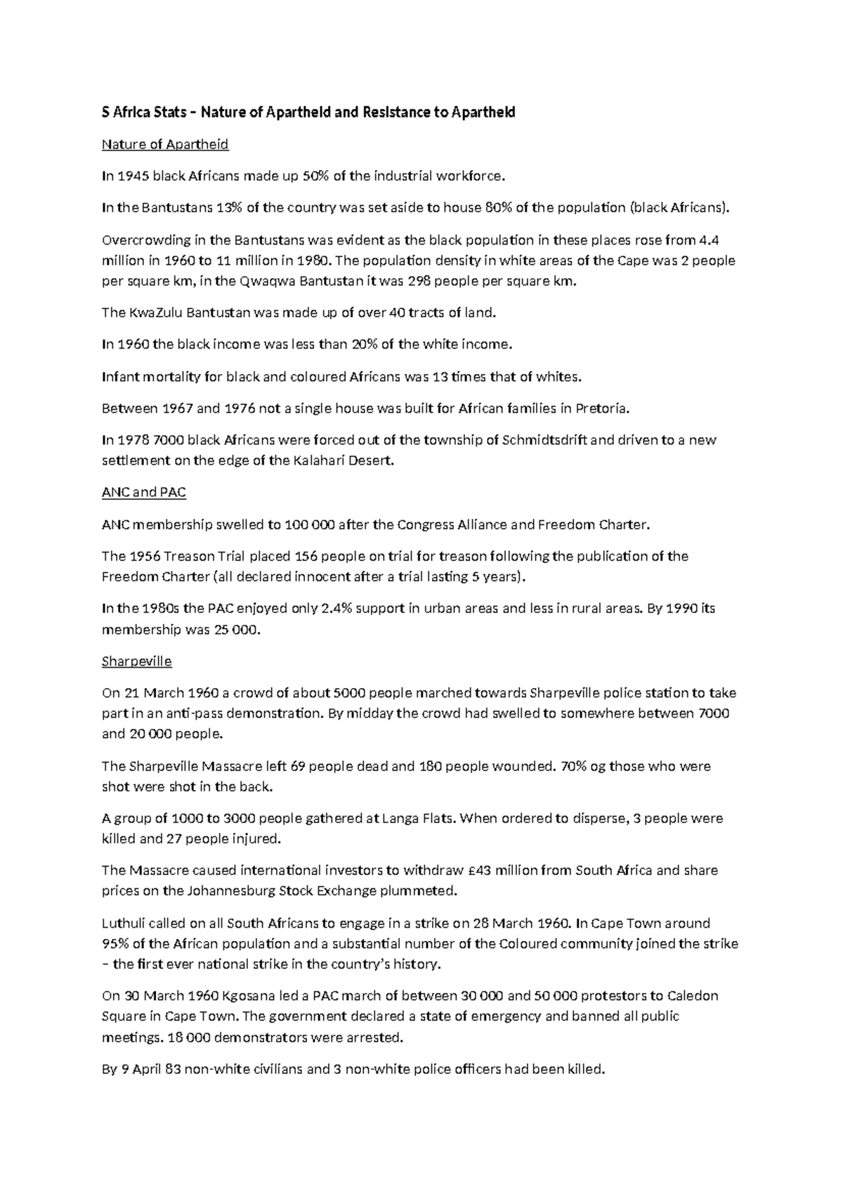 South Africa Stats: Apartheid and Resistance Overview - Studocu