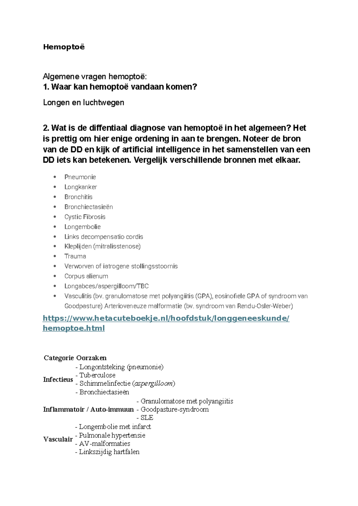 KR2 - Klinisch Redeneren: Algemene Vragen over Hemoptoë - Studeersnel