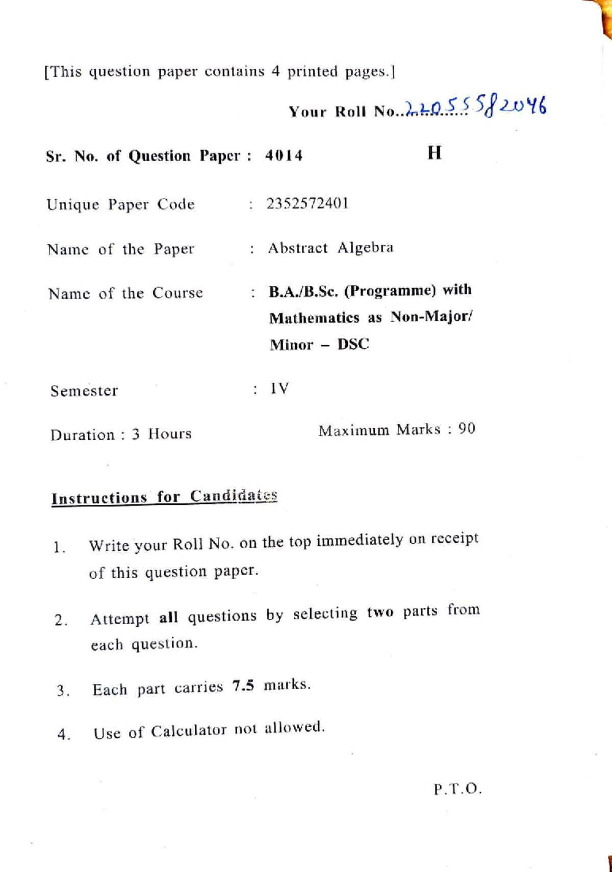 MAT 4014 Abstract Algebra Question Paper - 4th Sem - Studocu