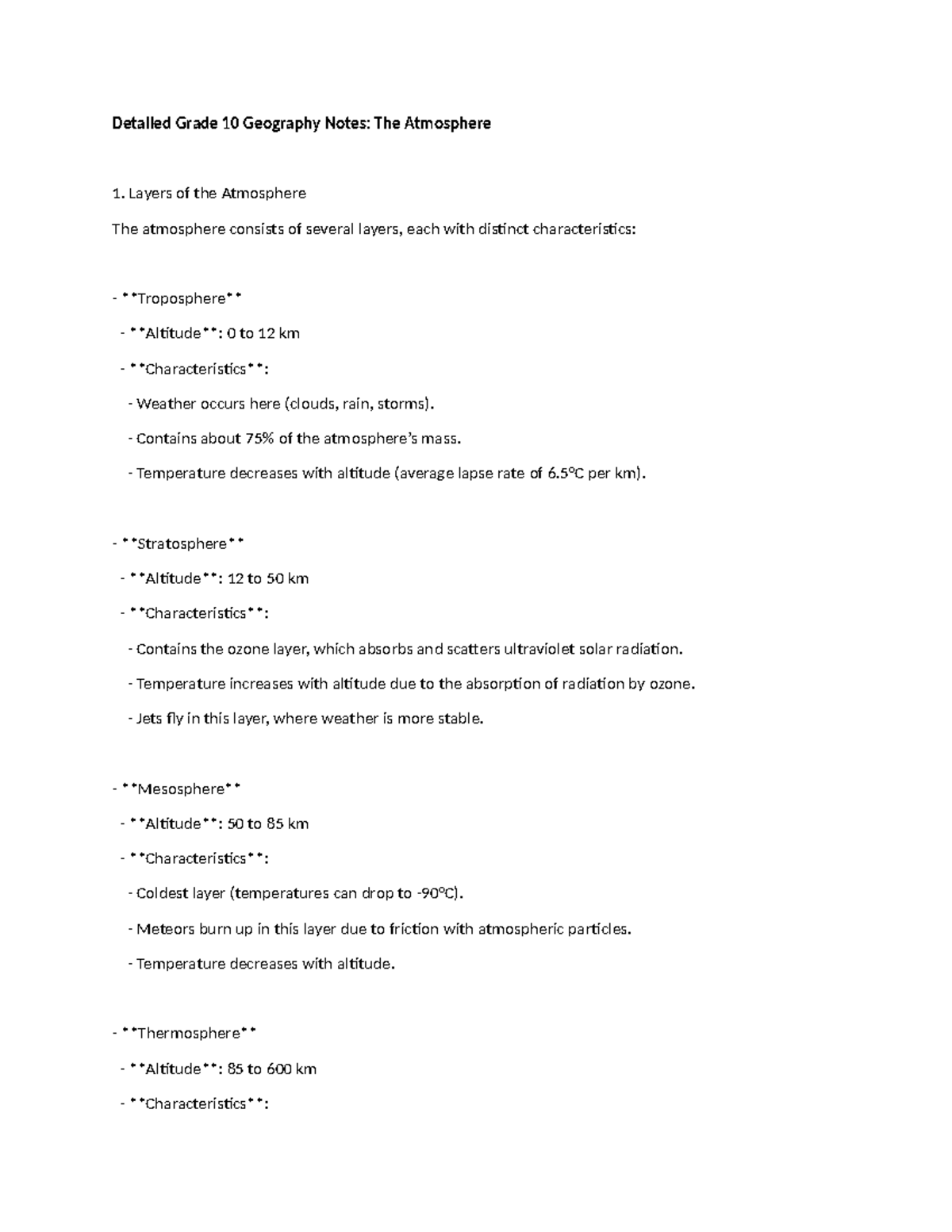 Grade 10 Geography: Detailed Notes on the Atmosphere Layers and ...