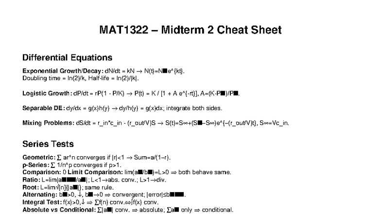 MAT1322 Midterm 2 Cheat Sheet - MAT1322 – Midterm 2 Cheat Sheet Differential Equations ...