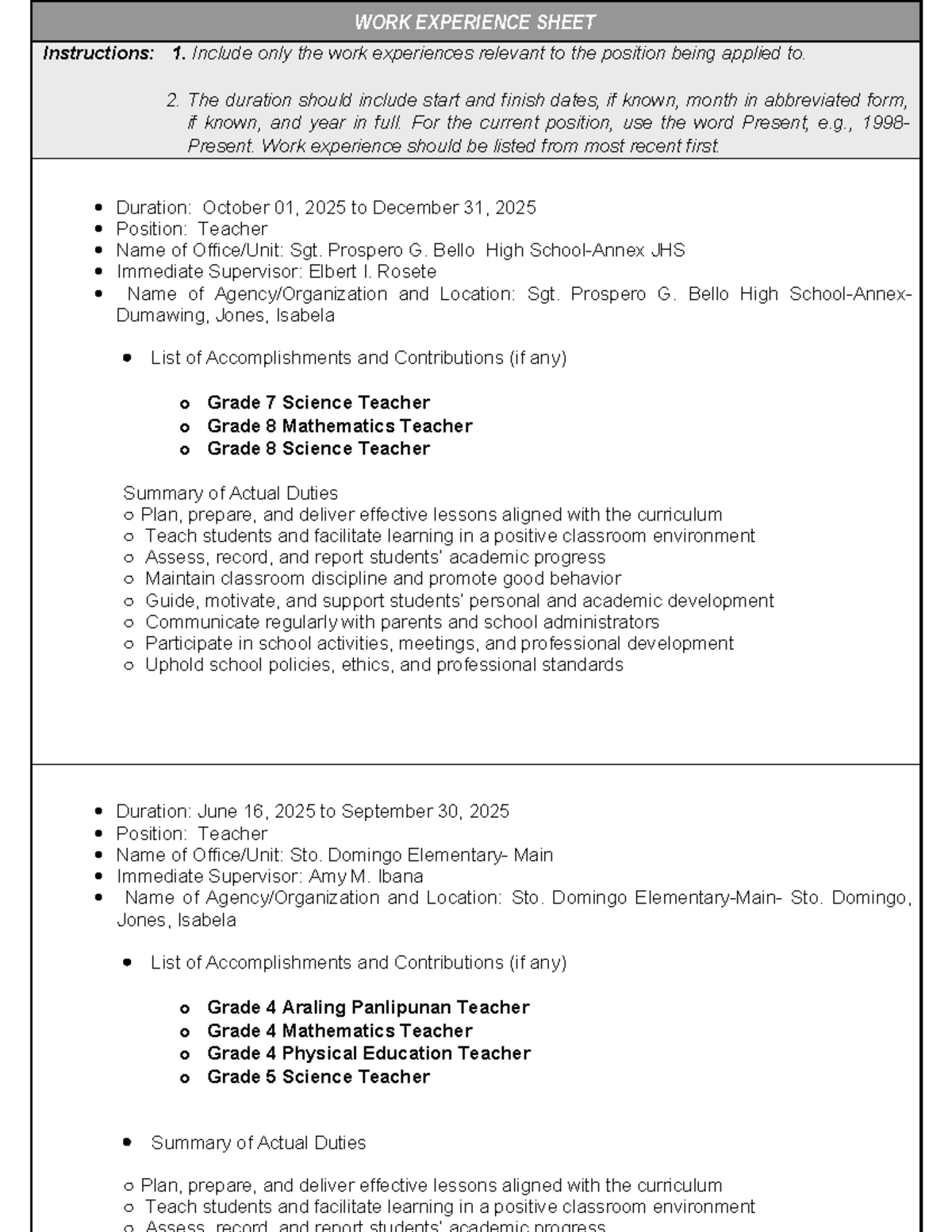 CS Form No. 212 Attachment: Work Experience Sheet for Teachers - Studocu