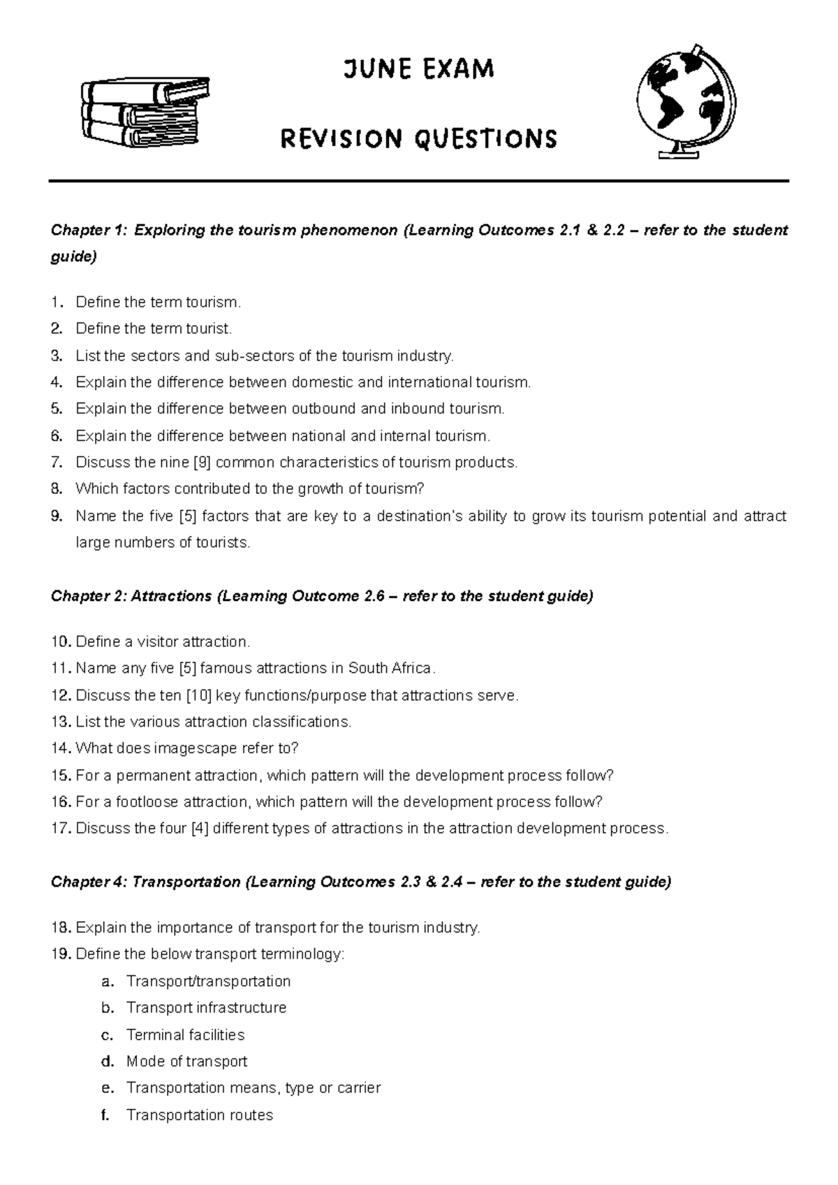 JUNE EXAM REVISION QUESTIONS: Tourism Concepts & Key Learning Outcomes ...