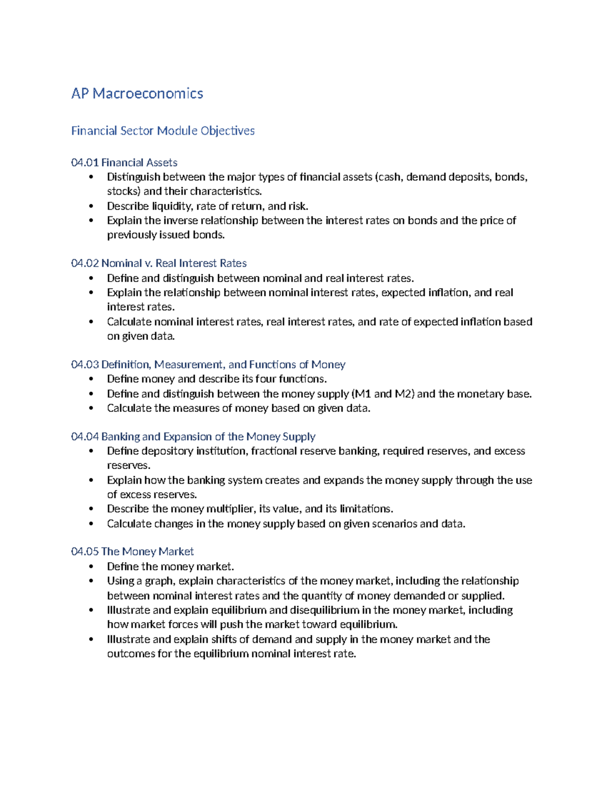 AP Macroeconomics Module 4 Objectives: Financial Sector Insights - Studocu