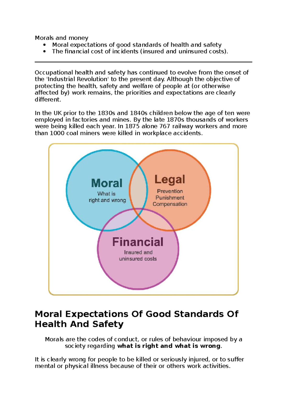 Morals and Money: Health & Safety Standards and Financial Impacts - Studocu