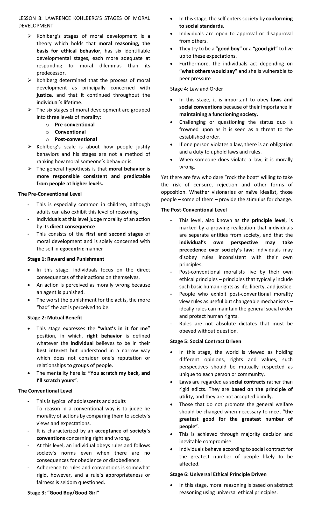 Lesson 8 Lawrence Kohlberg’S Stages OF Moral Development - LESSON 8 ...