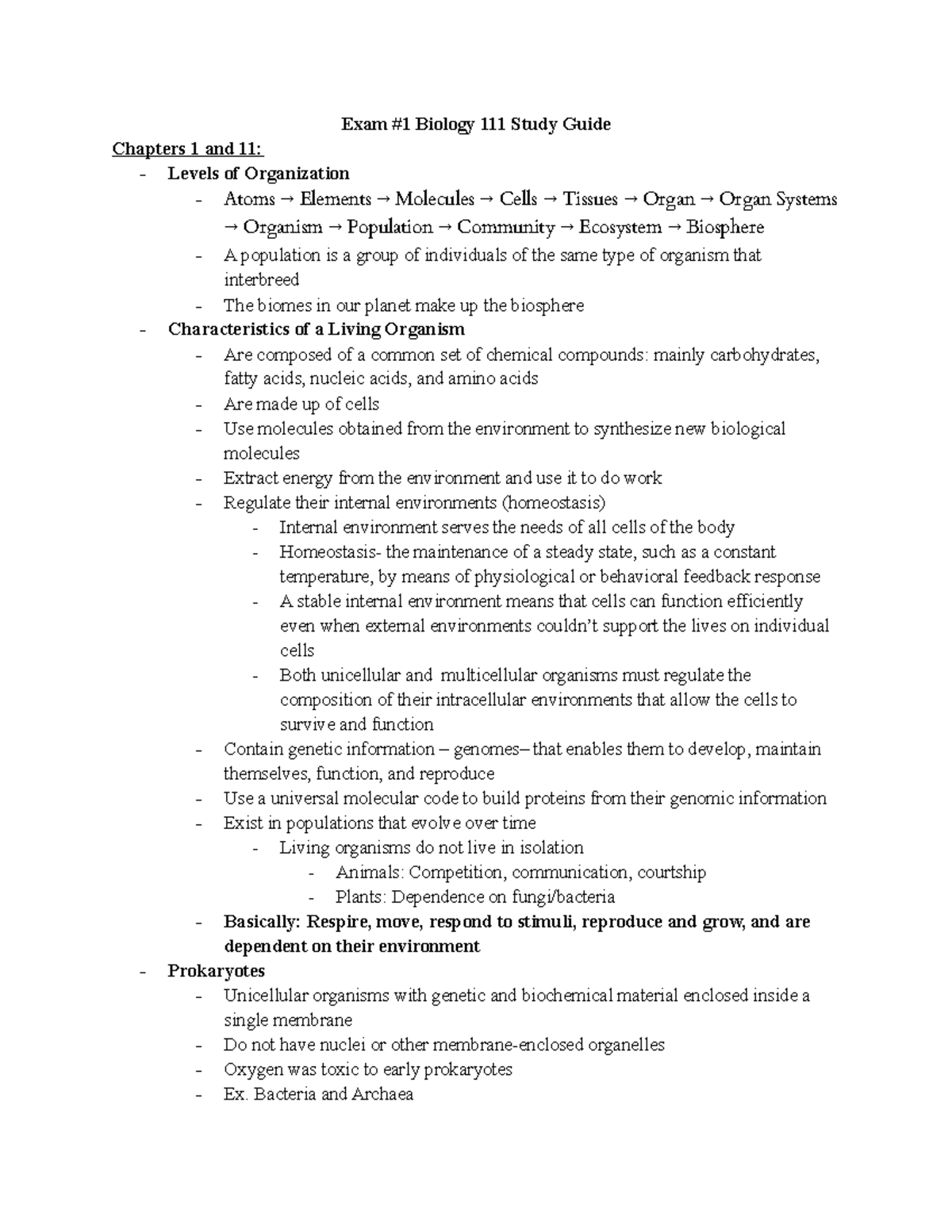 Biology 111 Exam #1 Comprehensive Study Guide for Chapters 1 and 11 ...