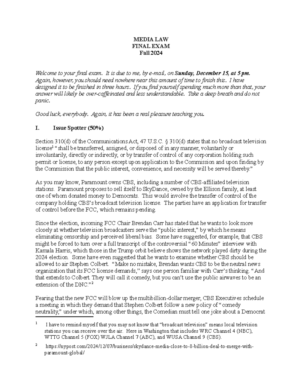 MEDIA LAW FINAL EXAM Fall 2024: Key Issues & Analysis - Studocu