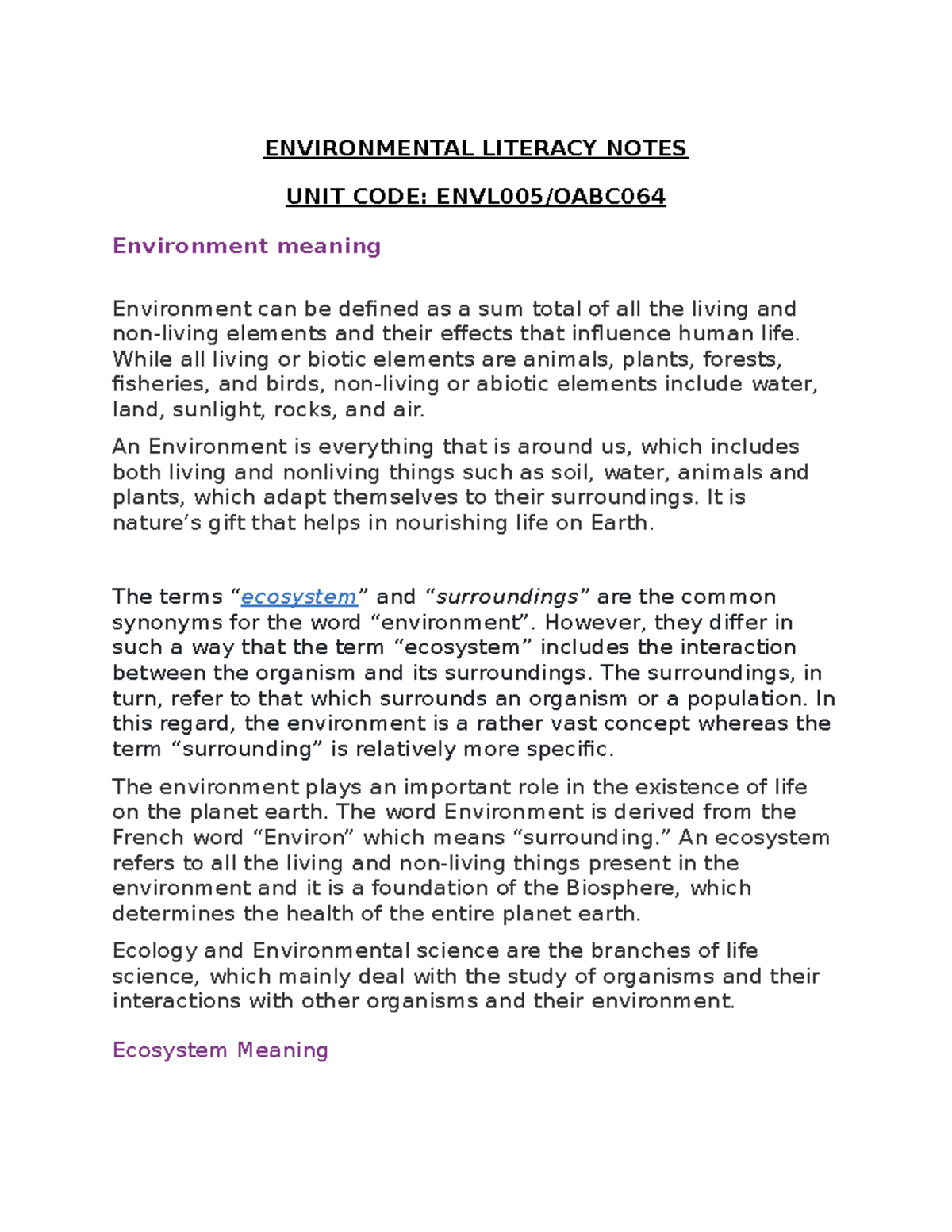ENVIRONMENTAL LITERACY NOTES - ENVL005/OABC Overview and Concepts - Studocu