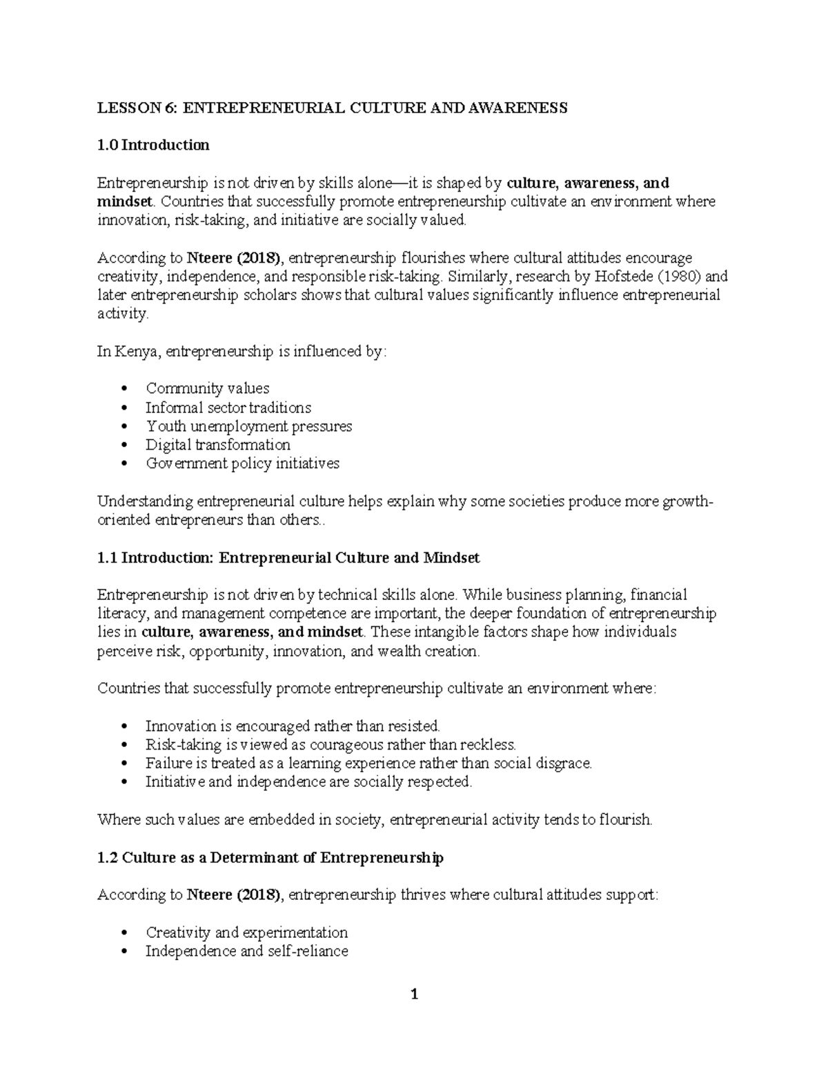 Lesson 6: Understanding Entrepreneurial Culture and Awareness - Studocu