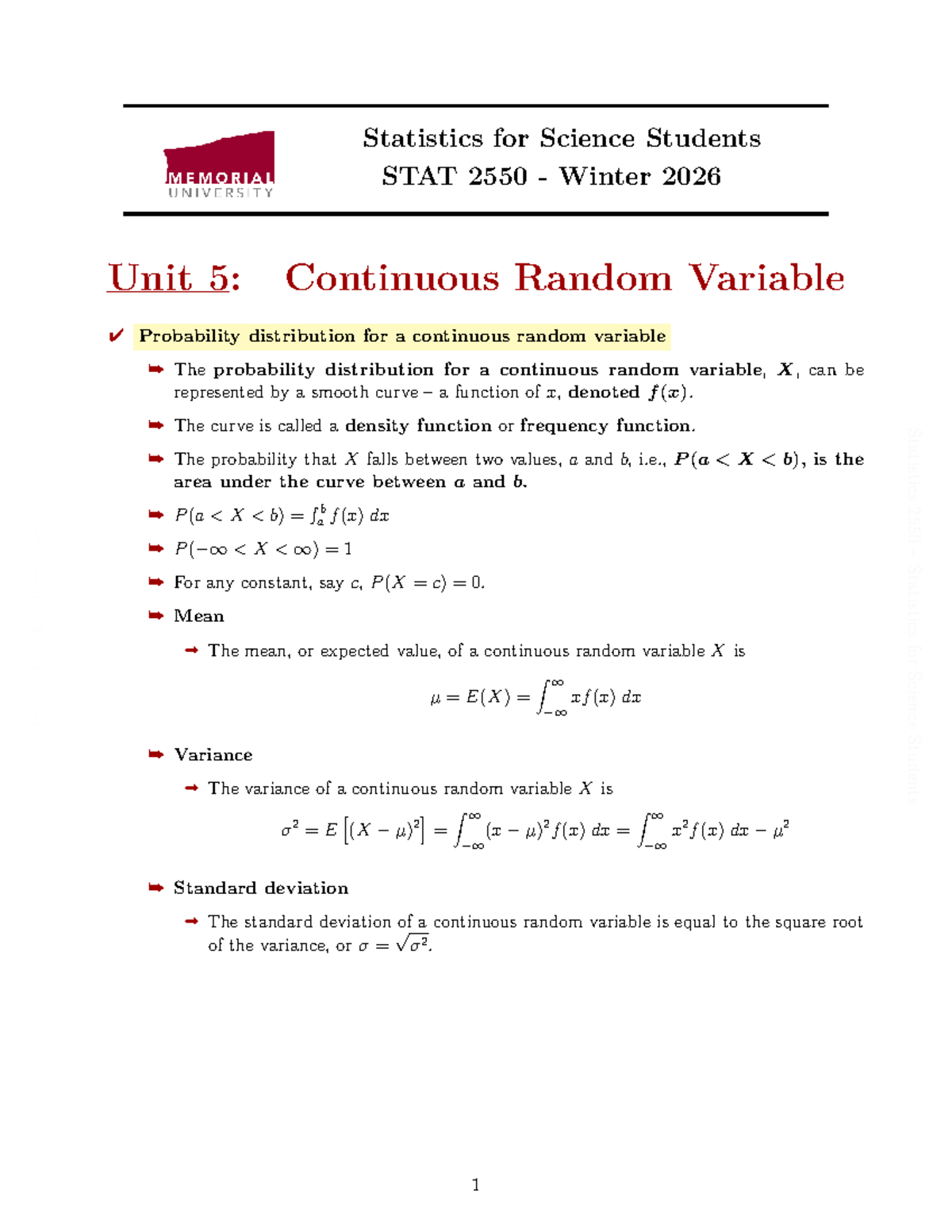 Unit 5 Lecture Notes: Continuous Random Variables in STAT 2550 - Studocu