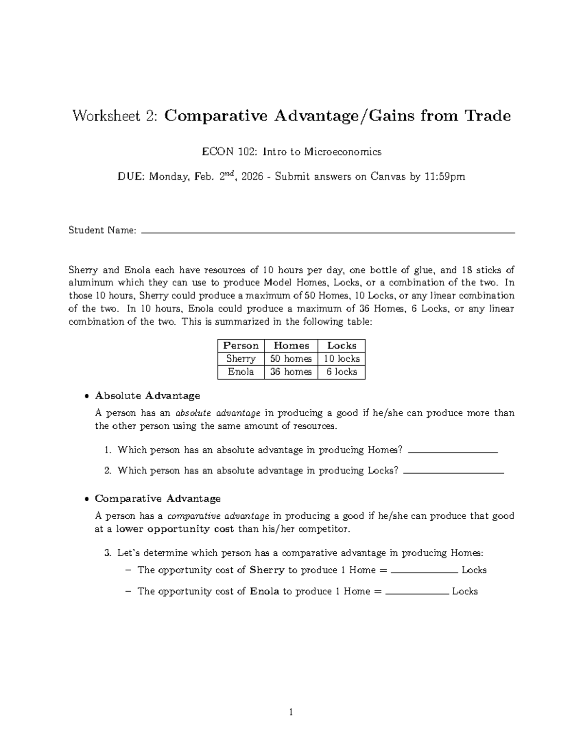 Worksheet 2: Comparative Advantage in Trade - ECON 102 - Studocu