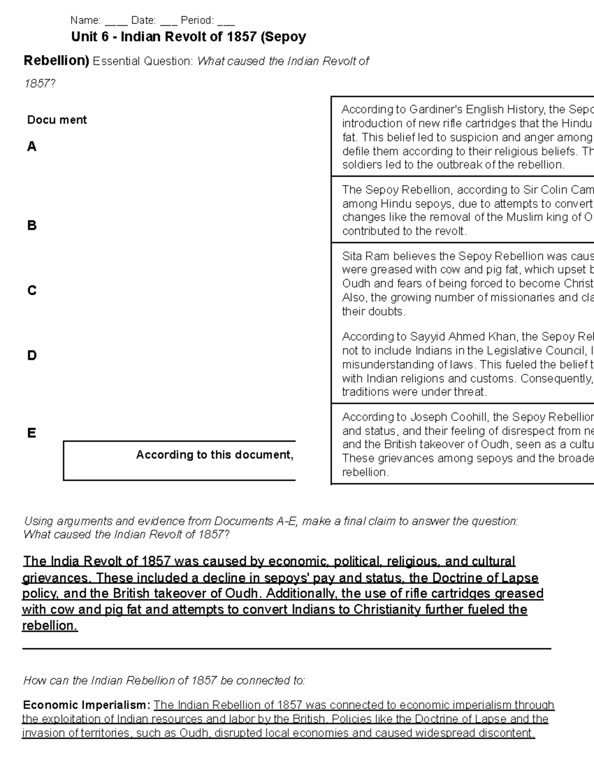 Unit 6 - Indian Revolt of 1857 (Sepoy Rebellion) Study Guide - Studocu