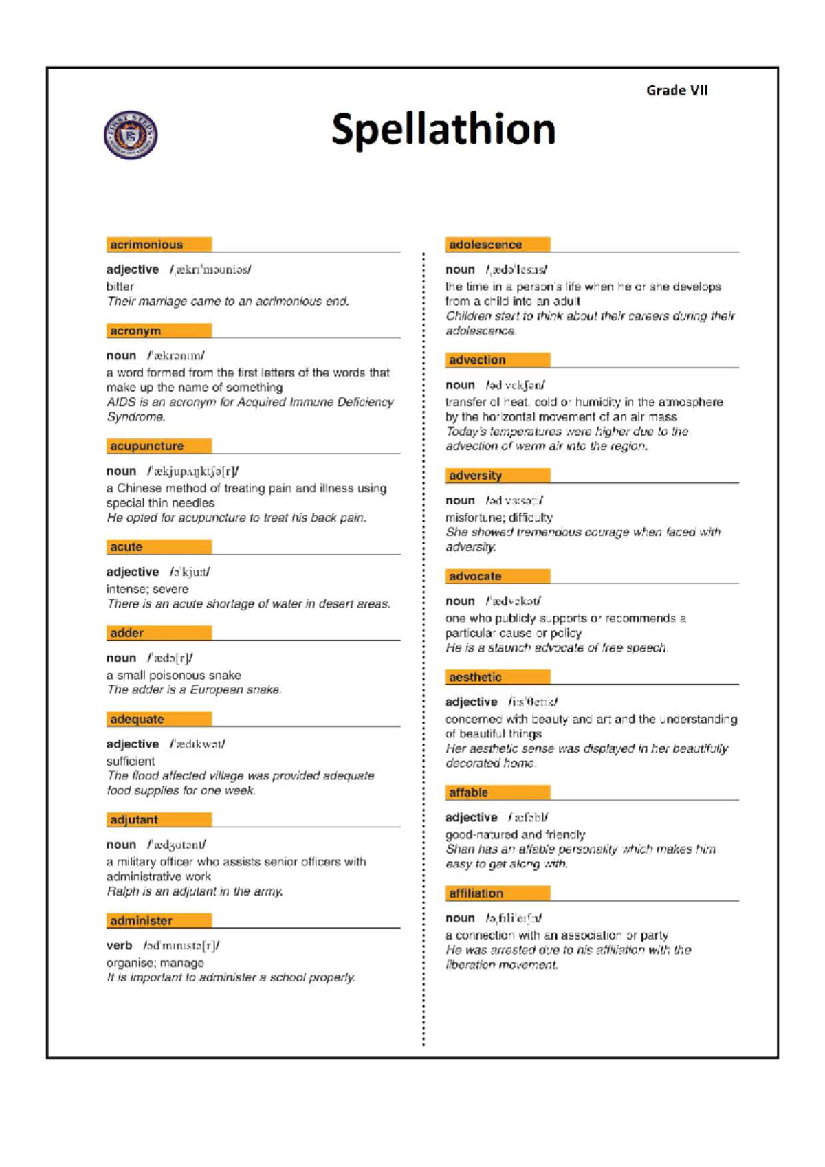Grade VII Spellathon Vocabulary List (240122) - Studocu