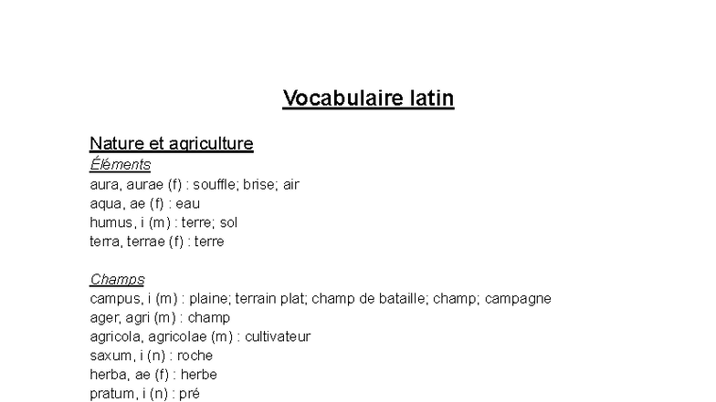 Vocabulaire Latin Nature et Agriculture 2024-2025 - Studocu