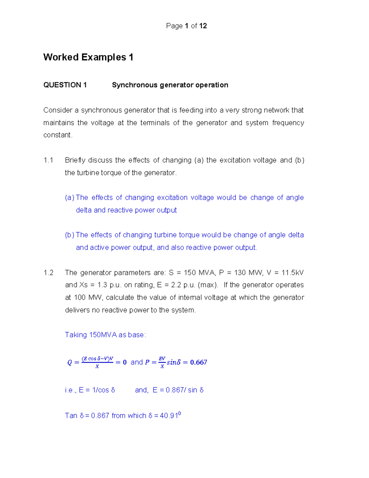 Worked Examples 1: Synchronous Generator & Power System Analysis - Studocu