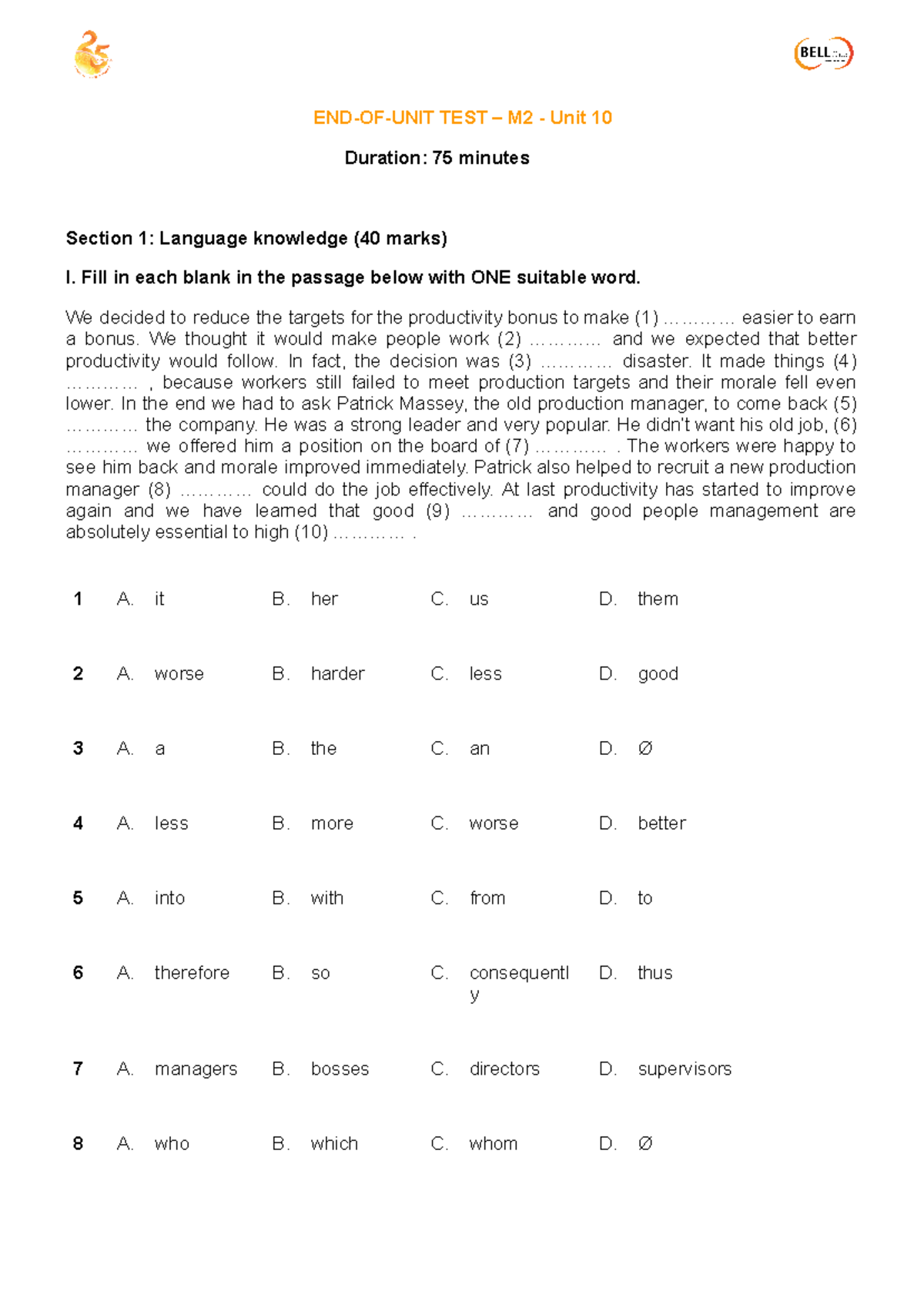 UNIT 10 end of unit test ueh - END-OF-UNIT TEST – M2 - Unit 10 Duration ...
