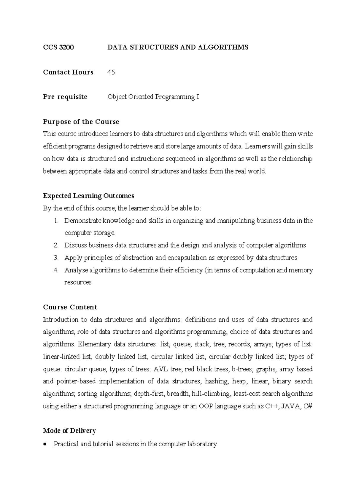 CCS 3200 Data Structures & Algorithms Course Overview and Outcomes ...