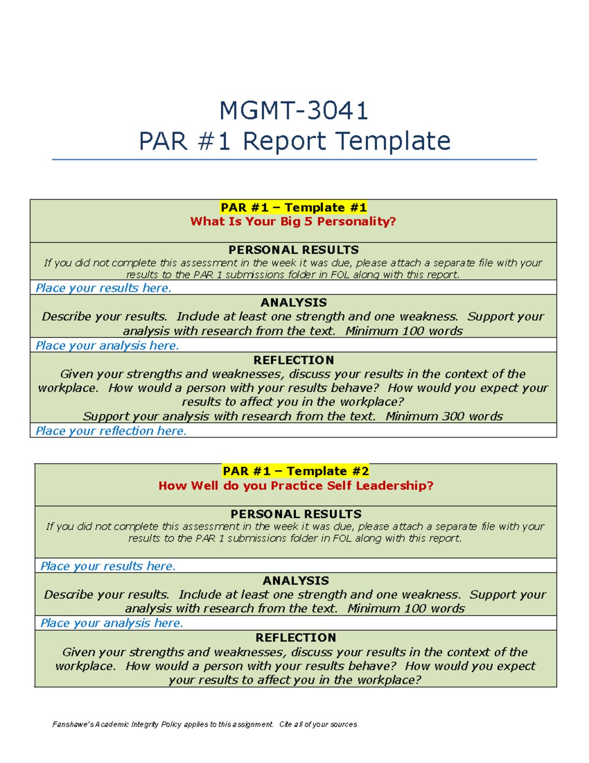 MGMT-3041 PAR #1 Template: Big 5 Personality Assessment Report - Studocu