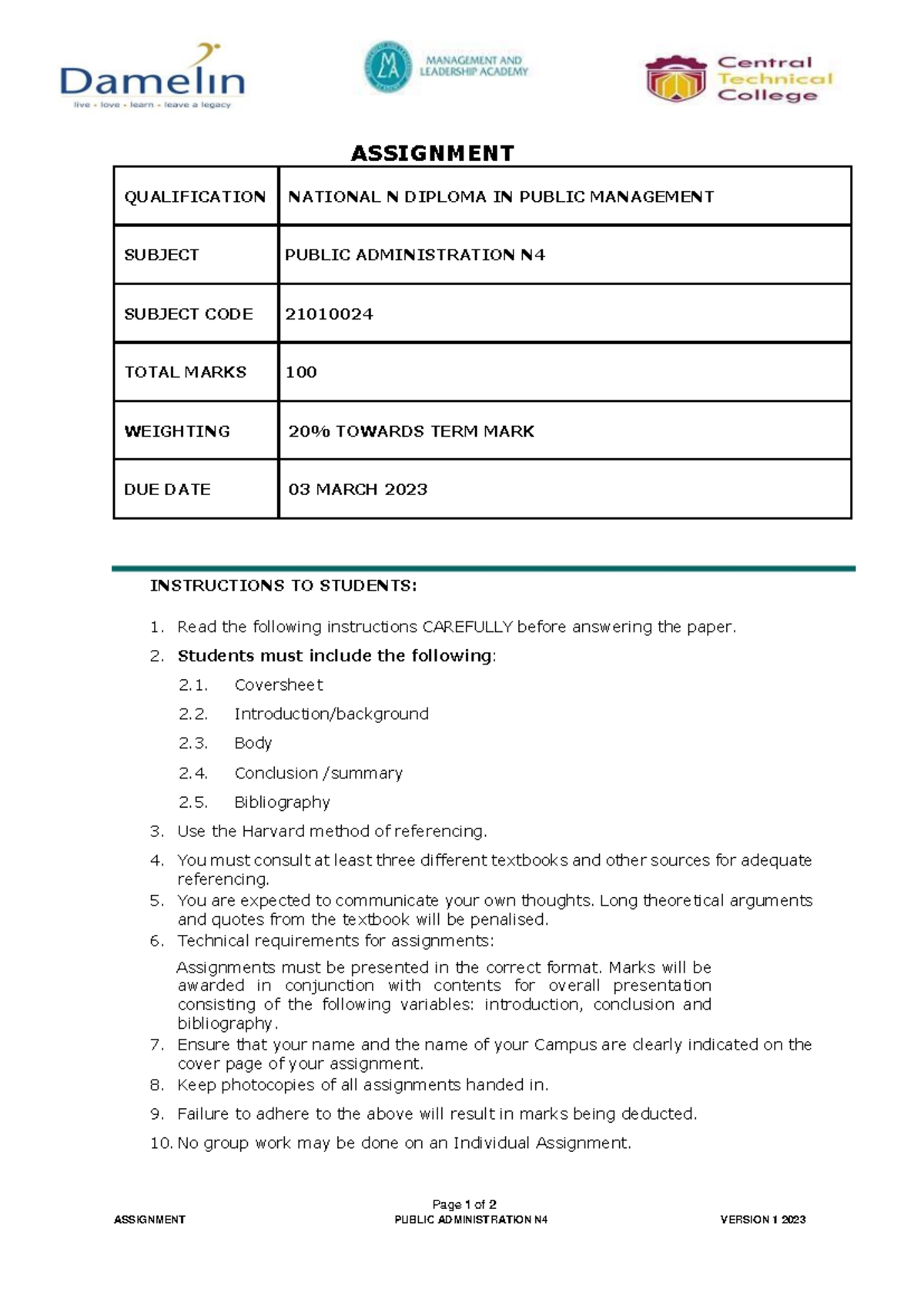 Public Administration N4 Assignment Guidelines & Instructions 2023 ...