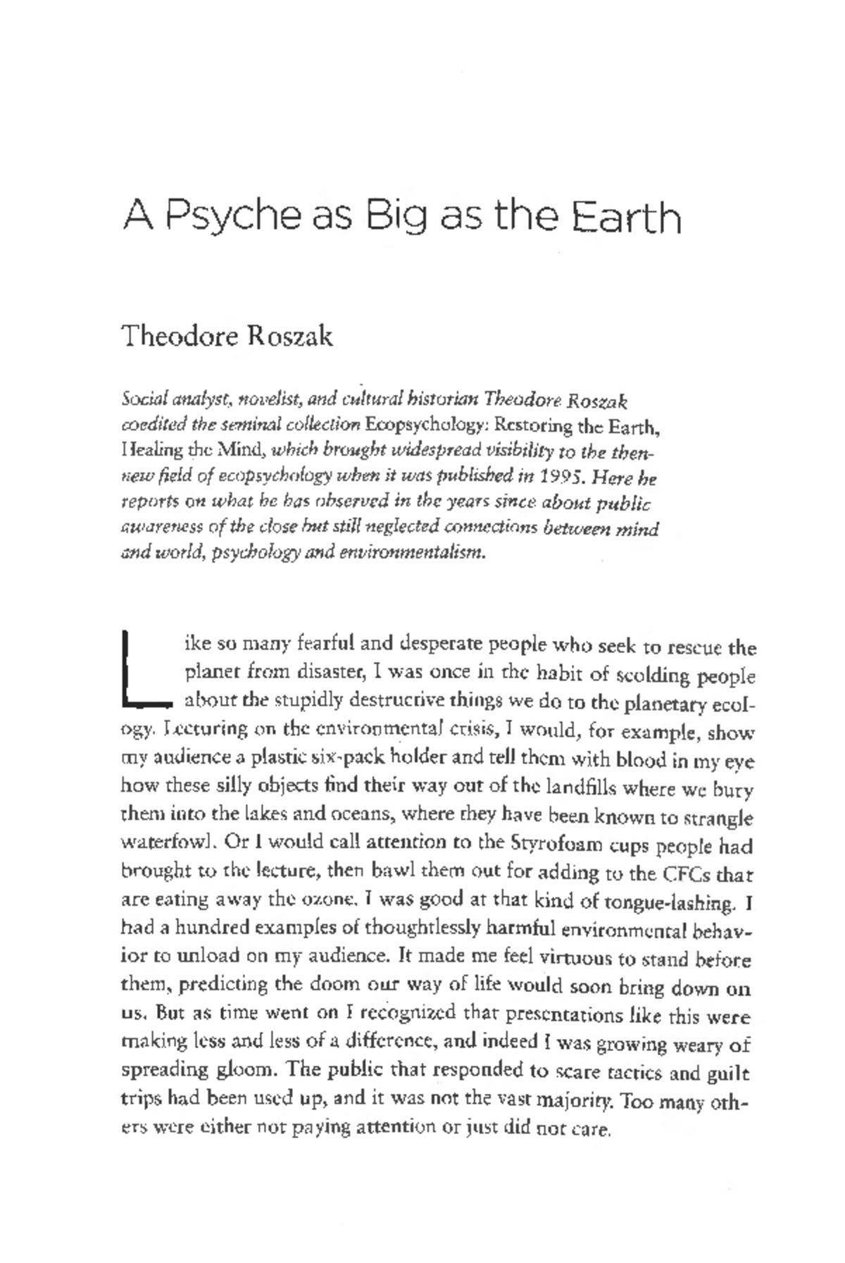 Roszak-2009-Ecopsychology: A Psyche as Big as the Earth - Studocu