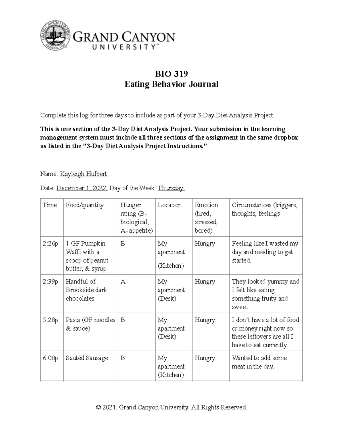 BIO-319 3-Day Eating Behavior Journal for Diet Analysis Project - Studocu