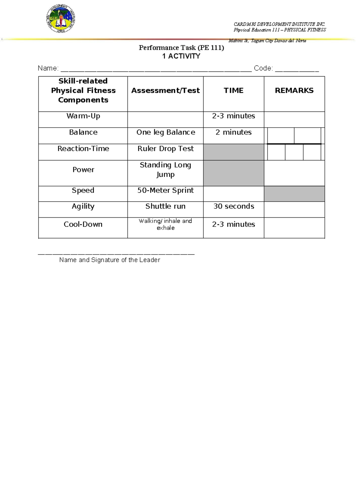 PE111 Skill Related Fitness Activity - CARD MRI DEVELOPMENT INSTITUTE ...
