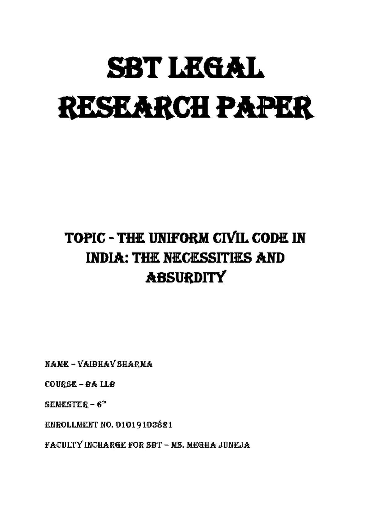 SBT Legal Research Paper: Analyzing the Uniform Civil Code in India ...
