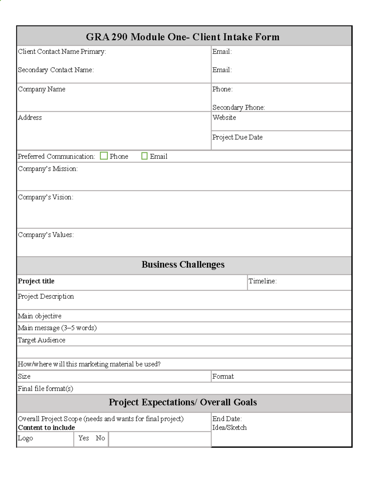 GRA 290 Client Intake Form: Essential Details & Project Overview - Studocu