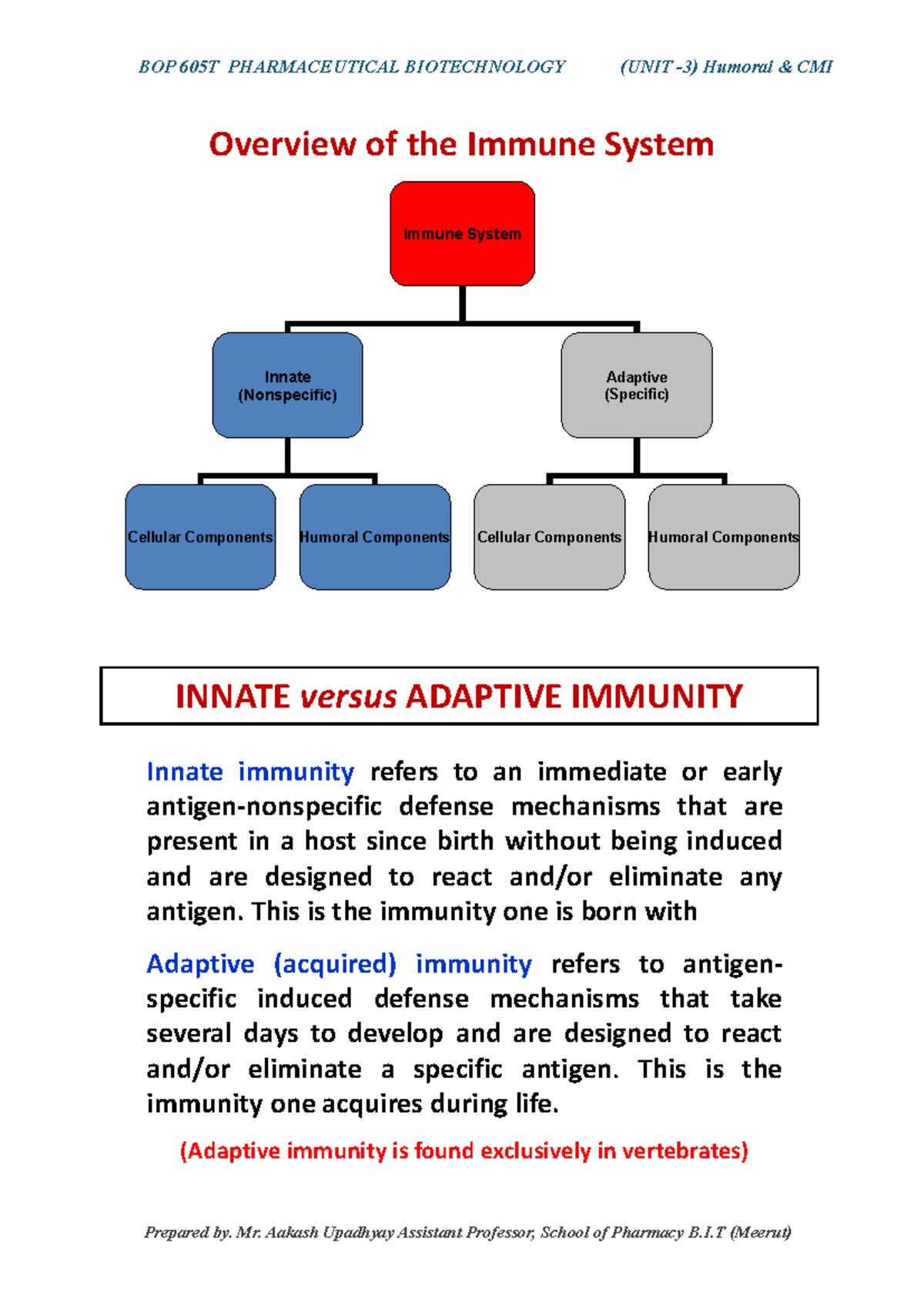 BOP 605T PHARMACEUTICAL BIOTECHNOLOGY: Immunology Overview and Key Concepts - Studocu