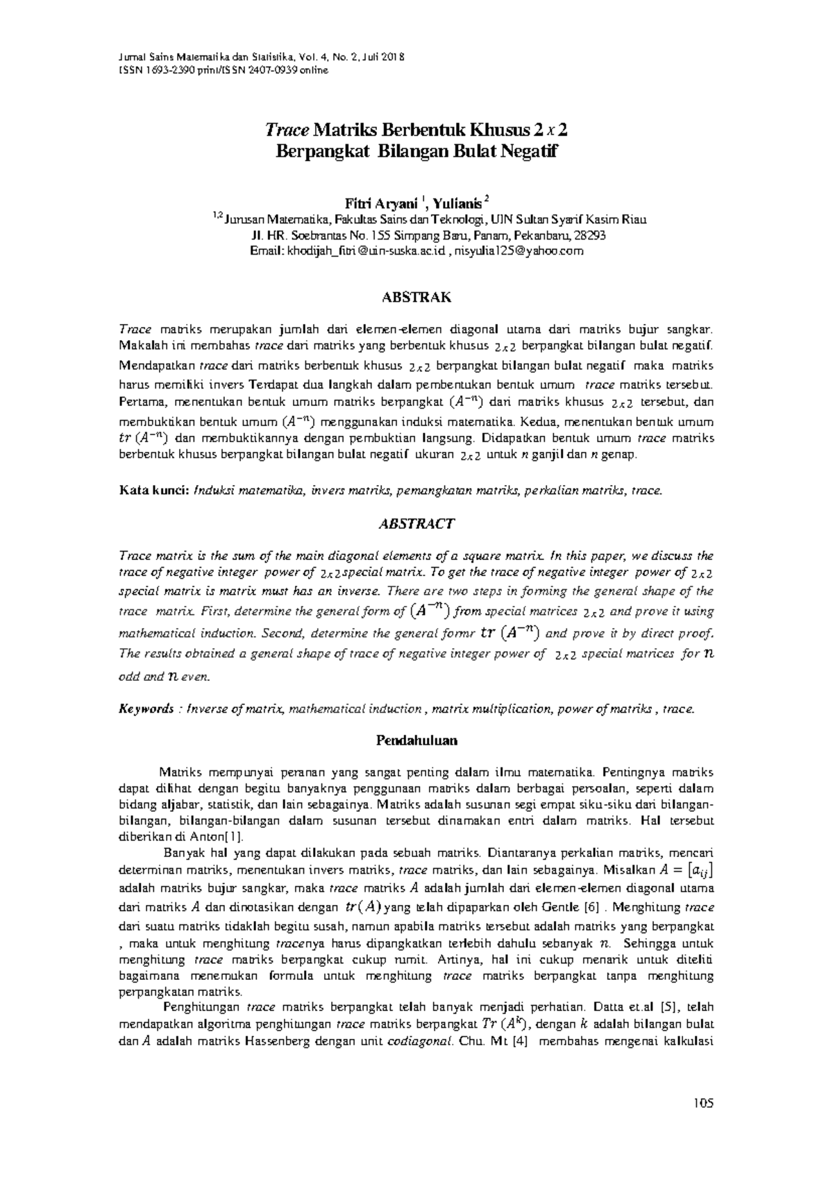 Trace Matriks Khusus 2x2 Berpangkat Bilangan Bulat Negatif - Jurnal ...