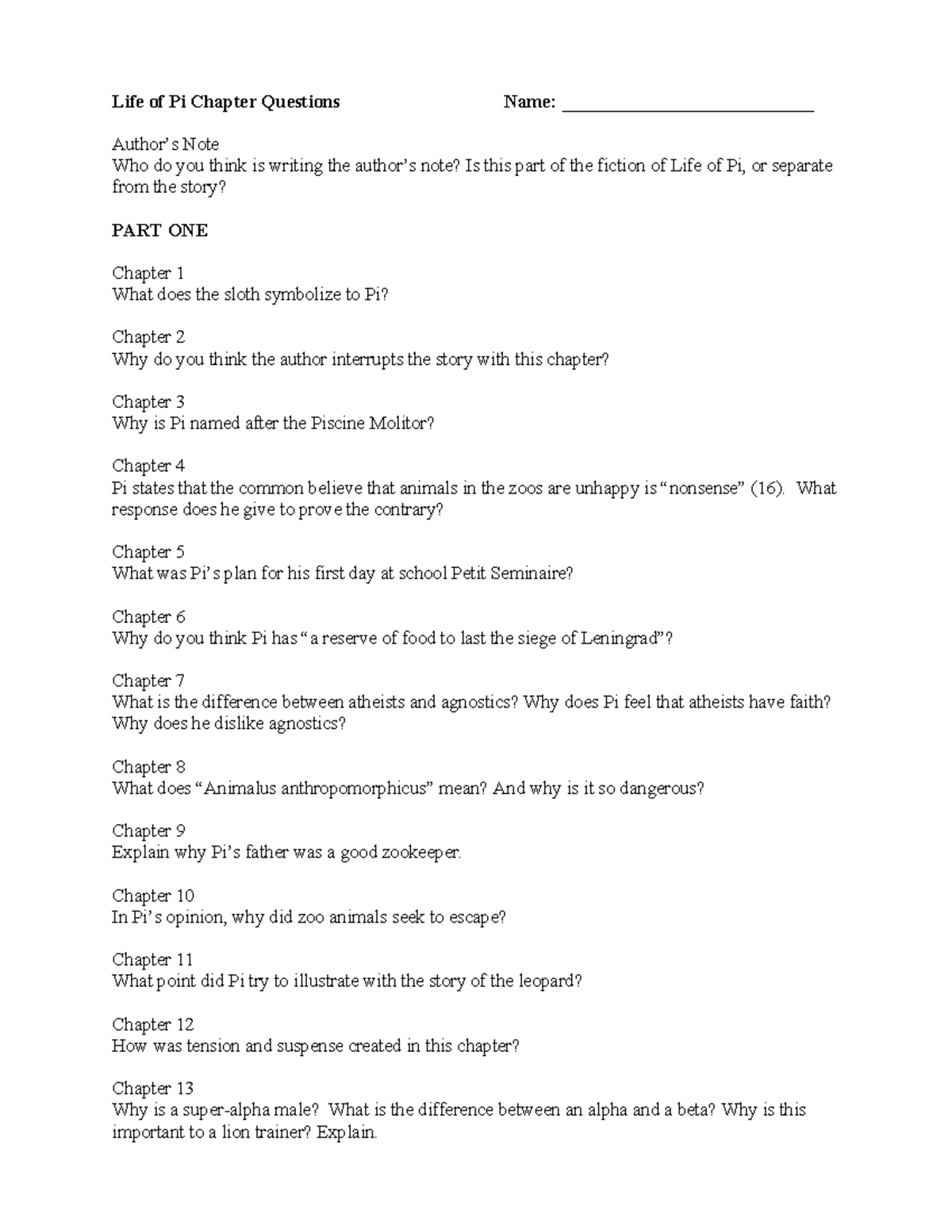 Life of Pi (ENG 101) Chapter Questions & Analytical Insights - Studocu