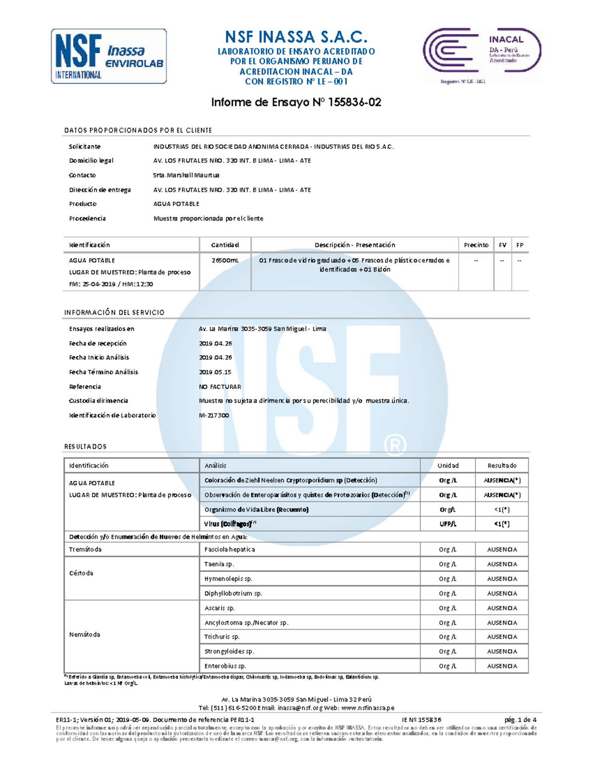 Informe de Ensayo de Agua Potable - Industrias del Río - NSF INASSA ...