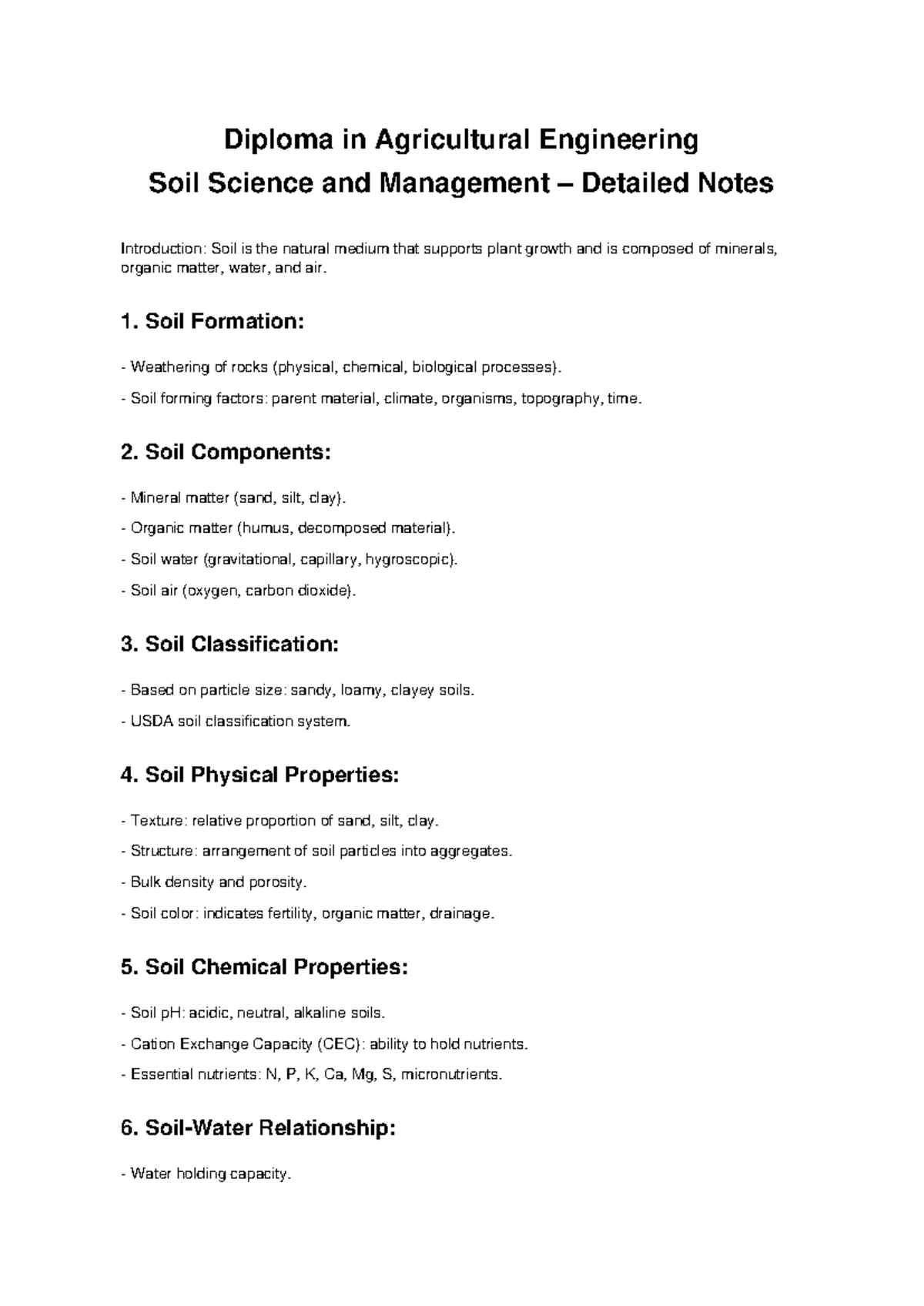 Diploma in Agricultural Engineering: Soil Science & Mgmt Notes - Studocu