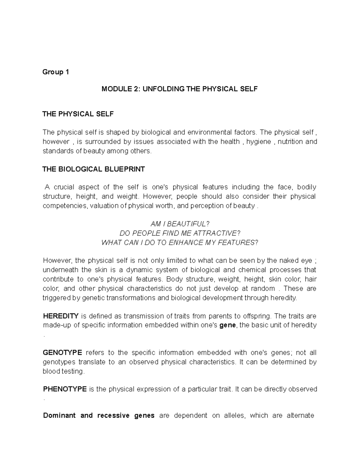 Psychology Notes: Group 1 Module 2 - Unfolding the Physical Self - Studocu