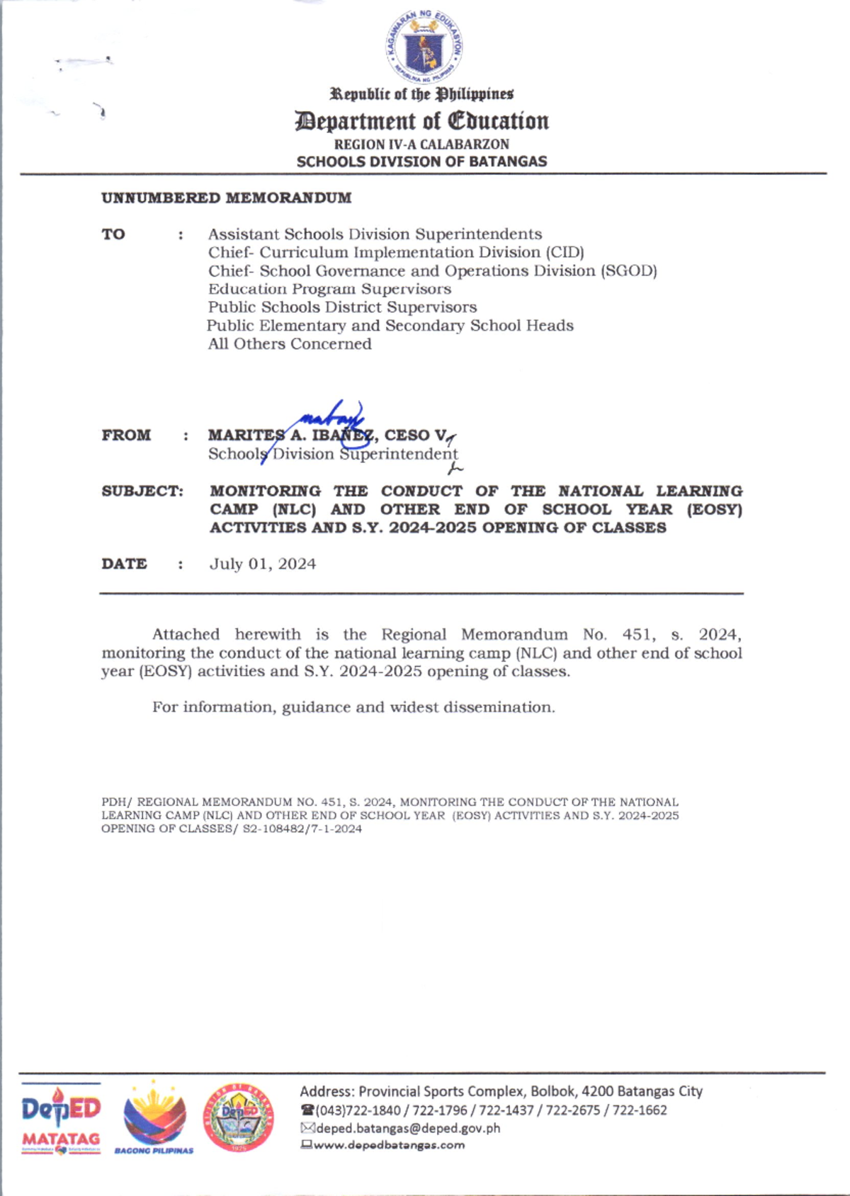 Monitoring National Learning Camp (NLC) & EOSY Activities - UM 109, S ...