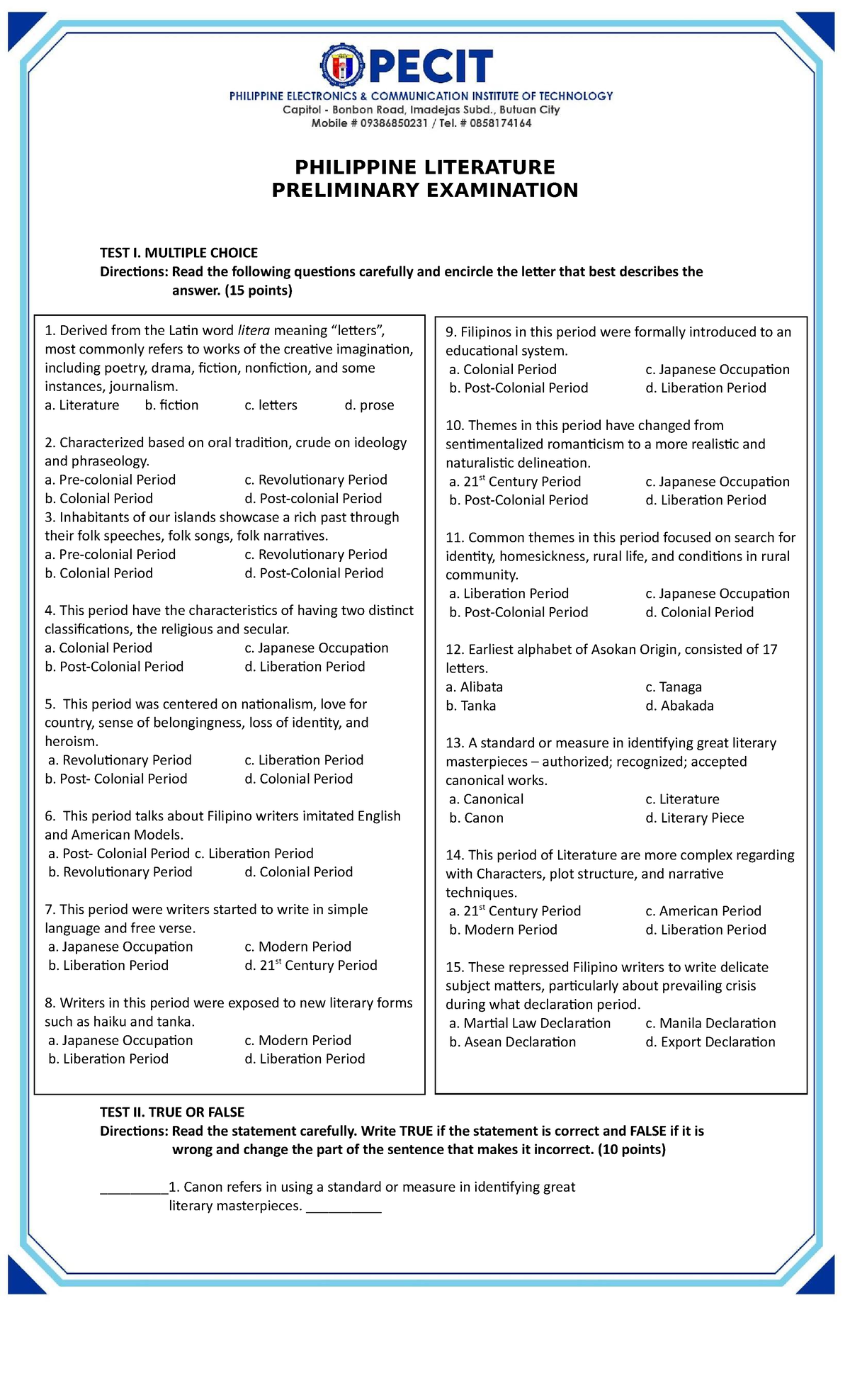 Philippine- Literature - PHILIPPINE LITERATURE PRELIMINARY EXAMINATION ...