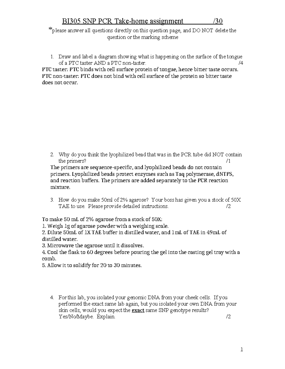 SNP Analysis Lab Report SEC 702: Genotyping PTC Tasters vs Non-Tasters ...