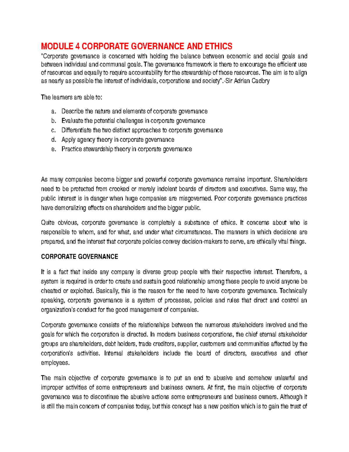 GGSR Module 4: Corporate Governance and Ethics Overview - Studocu