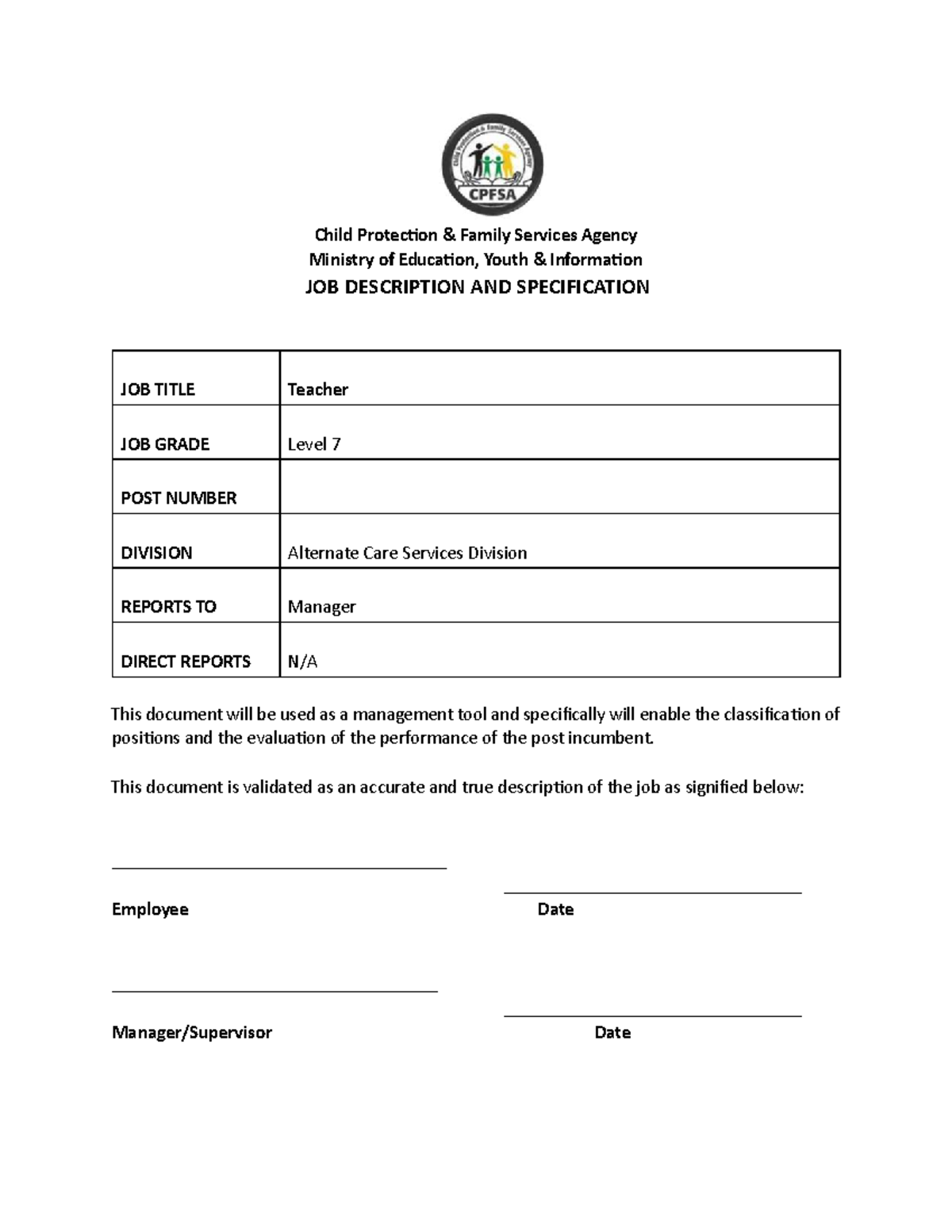Teacher Job Description & Specification - Level 7 (Child Protection ...