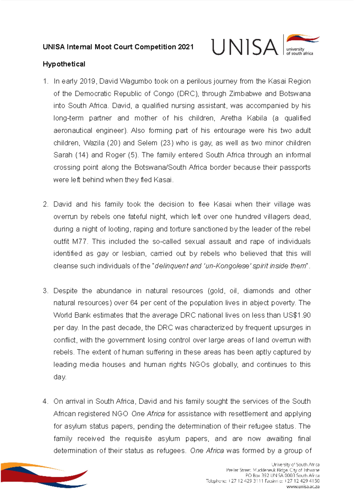 UNISA Internal MOOT Court Hypothetical Case Study 2021 - Studocu