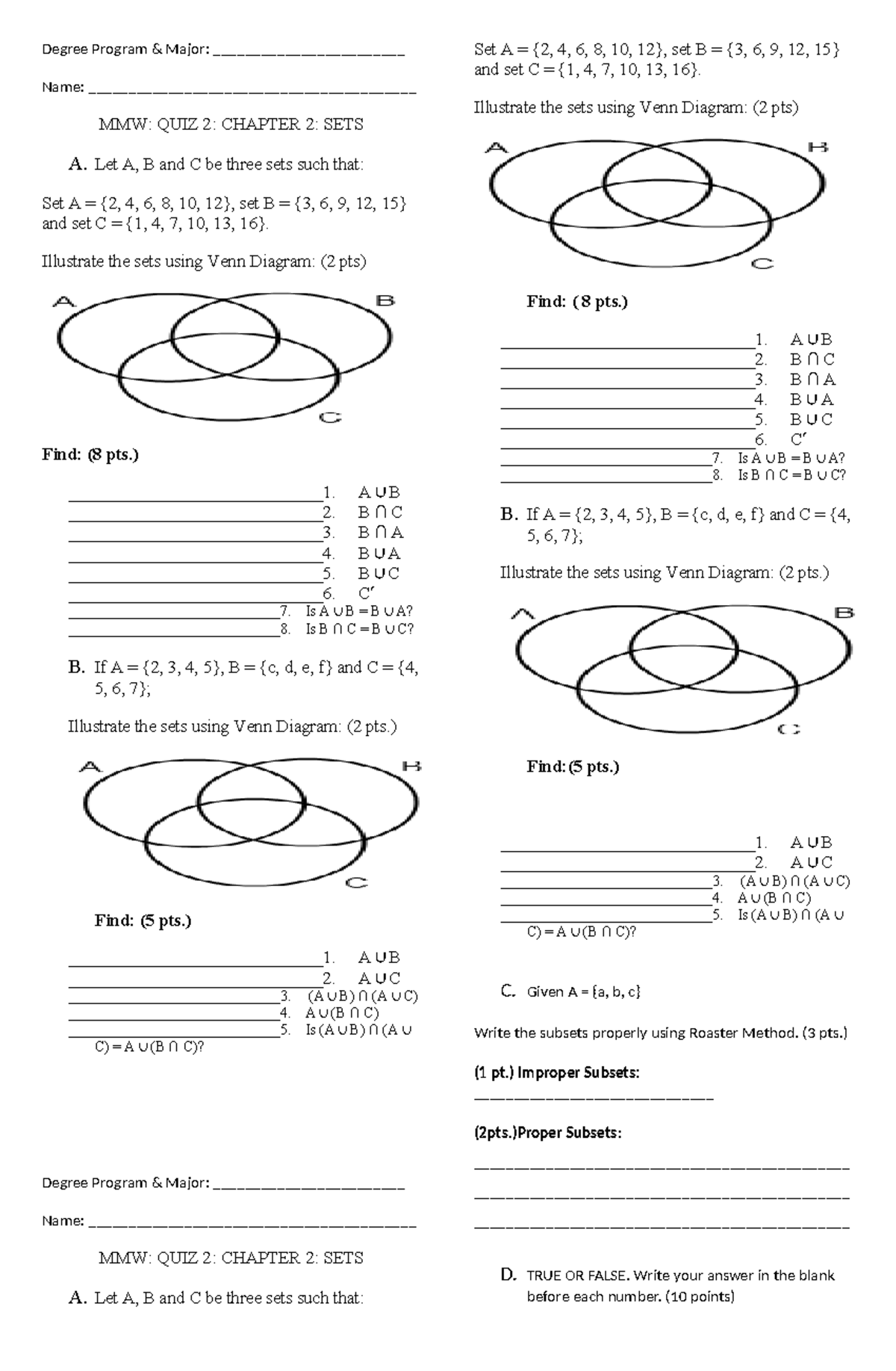 MMW SET QUIZ - MMW - Degree Program & Major: ________________________ Name: - Studocu