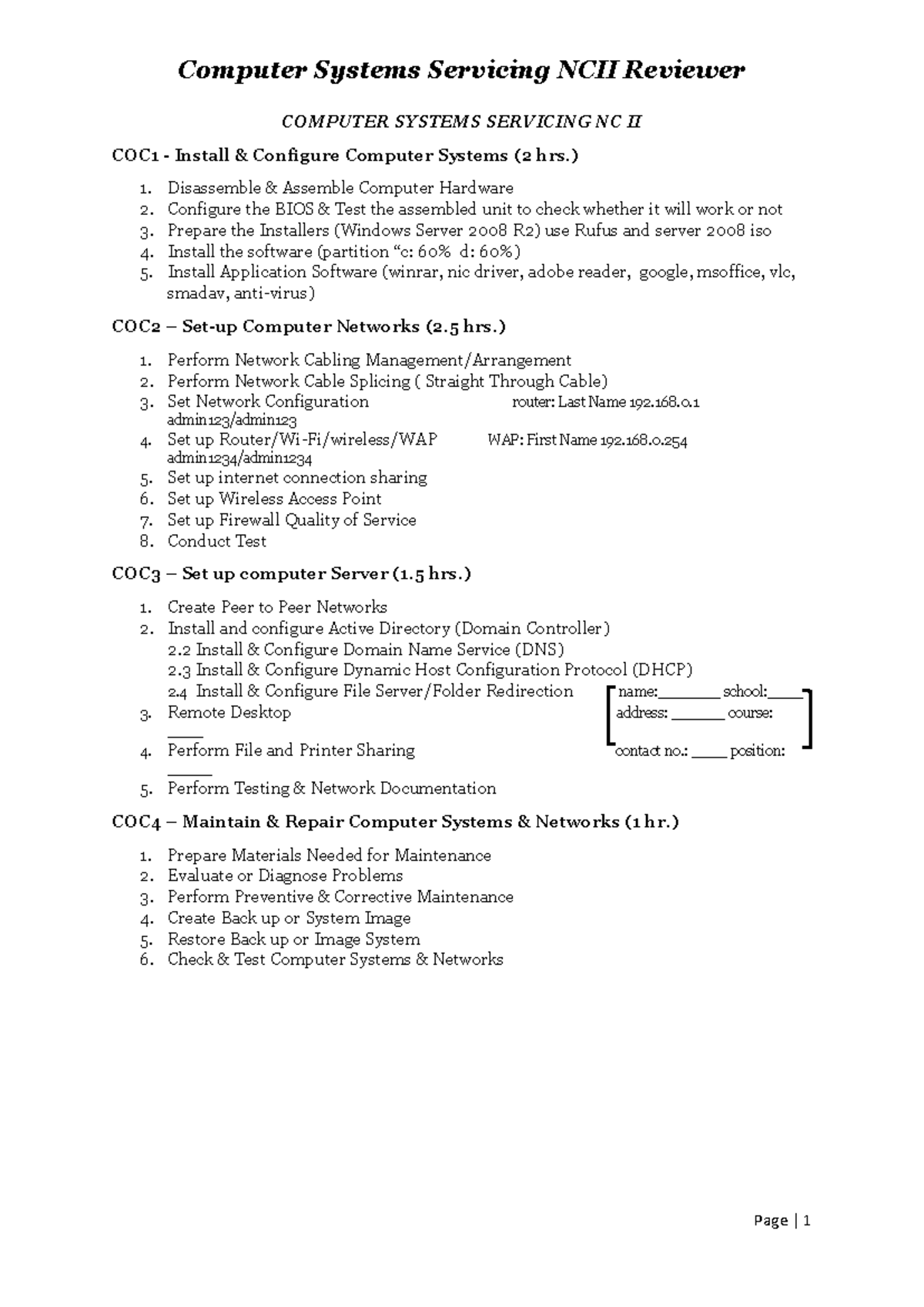 Computer Systems Servicing NC II COC1-4 Comprehensive Reviewer - Studocu