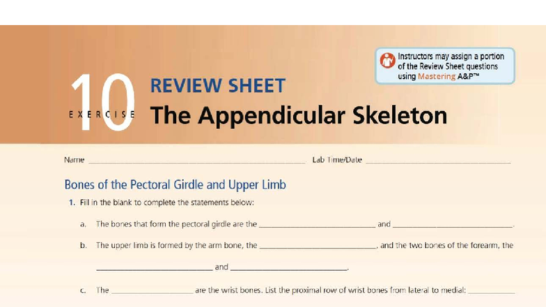 Exercise 10 - Lab Review Sheet: Appendicular Skeleton Insights - Studocu