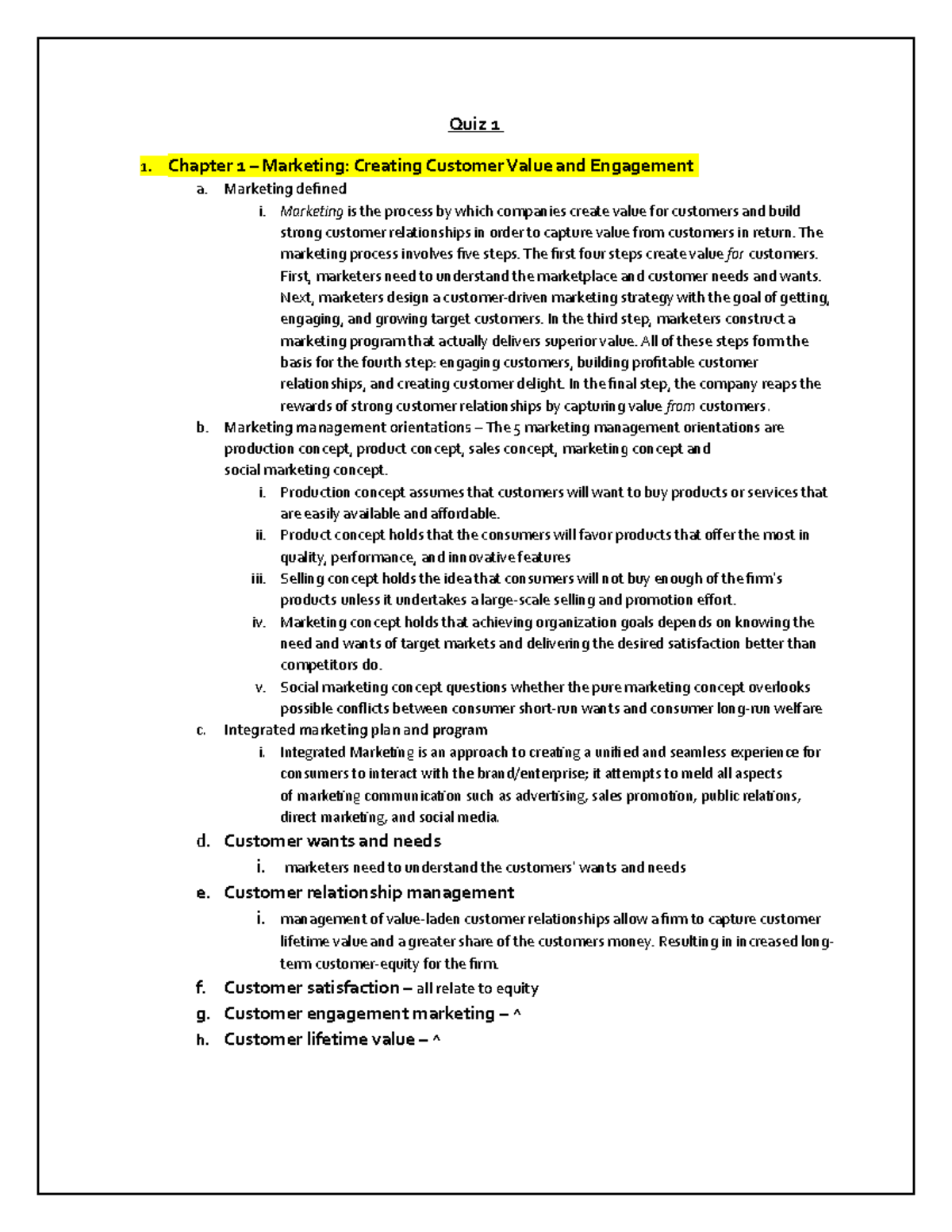 Marketing 1-6 SG: Quiz 1 Study Guide on Key Concepts and Strategies ...