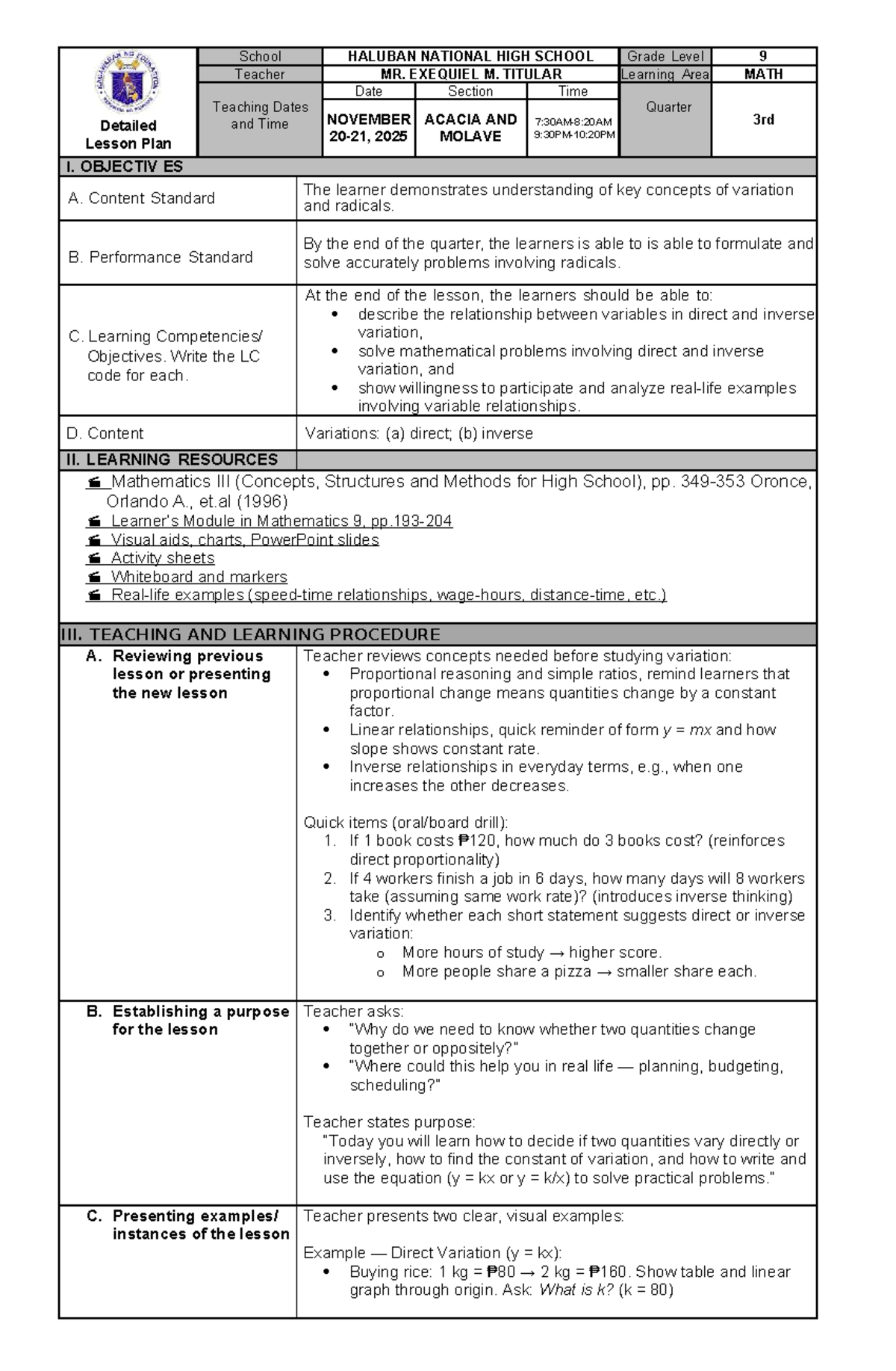 G9 MATH Detailed Lesson Plan on Variations: Direct & Inverse - Studocu