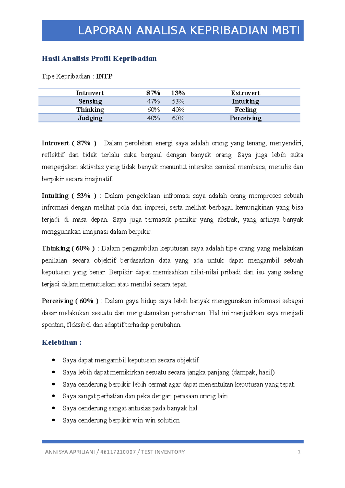 Laporan Kepribadian MBTI: Analisis Tipe INTP dan Rekomendasi Karir ...