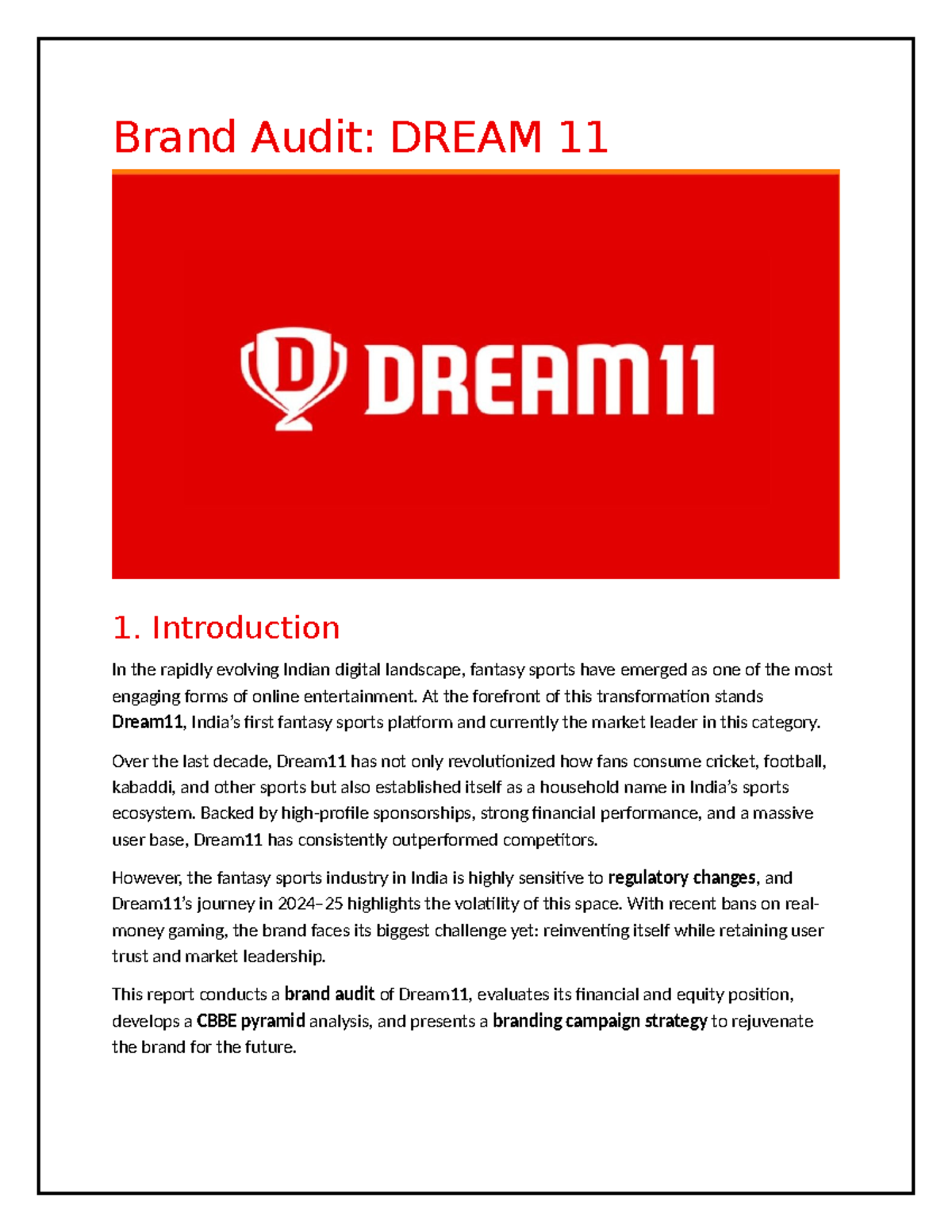 Brand Audit Report: Dream11 - Strategies for Market Leadership - Studocu
