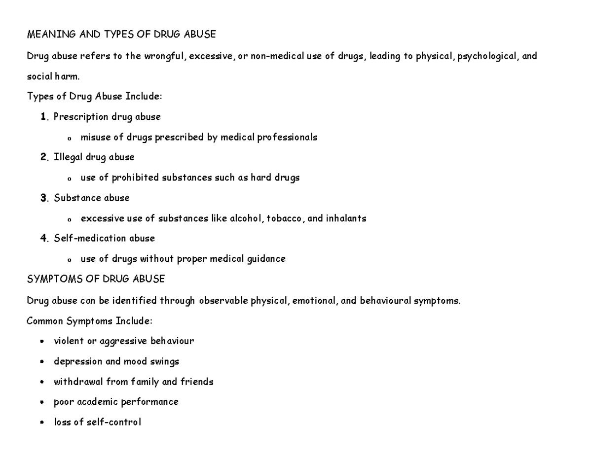 MEANING AND TYPES OF DRUG ABUSE: A Comprehensive Overview - Studocu