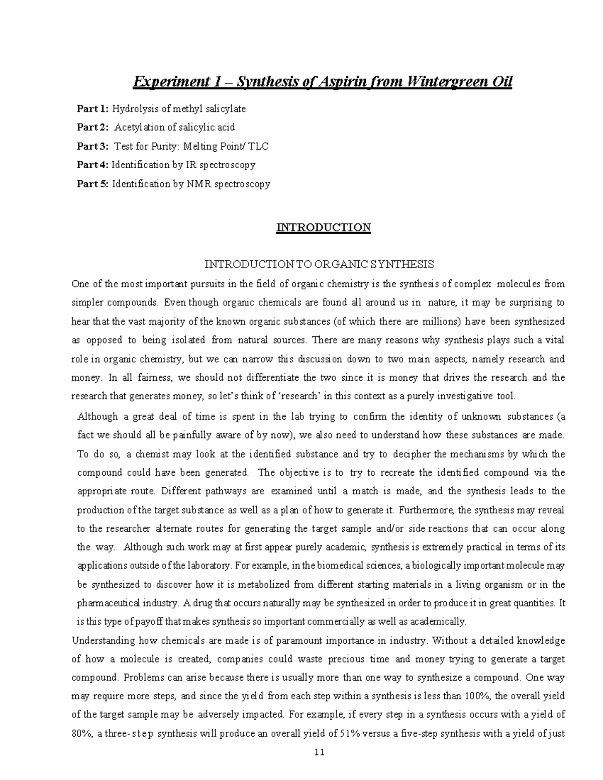 Exp 1: Synthesis of Aspirin from Wintergreen Oil - Hydrolysis ...
